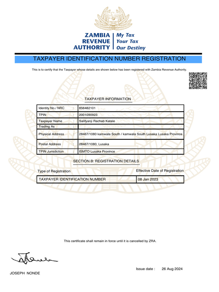 Salifyanji Rachab Katale-TPIN Certificate 2001090923 | PDF