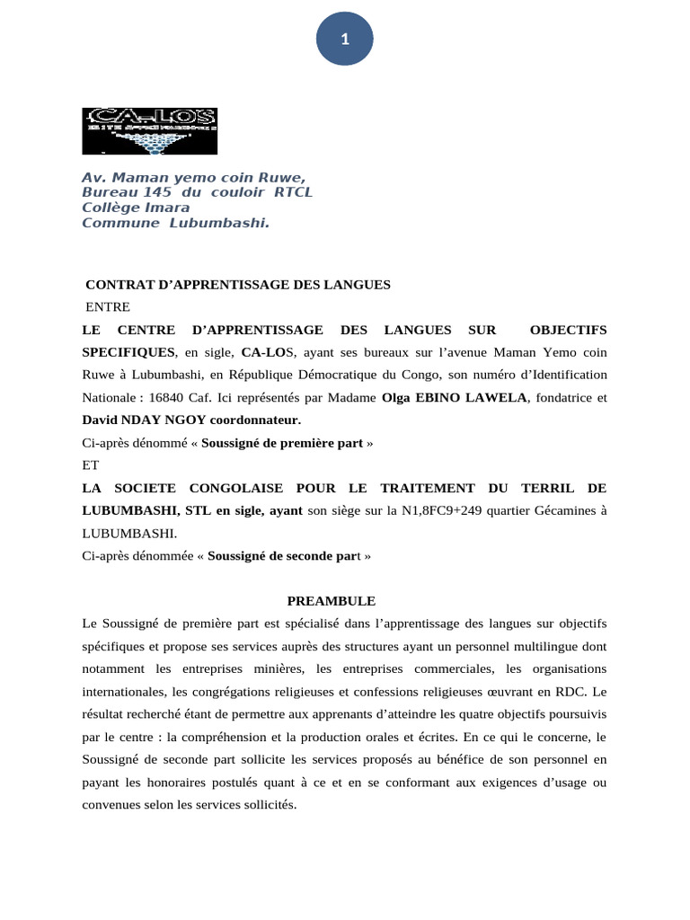 Contrat d'apprentissage des langues à Lubumbashi | PDF | République ...
