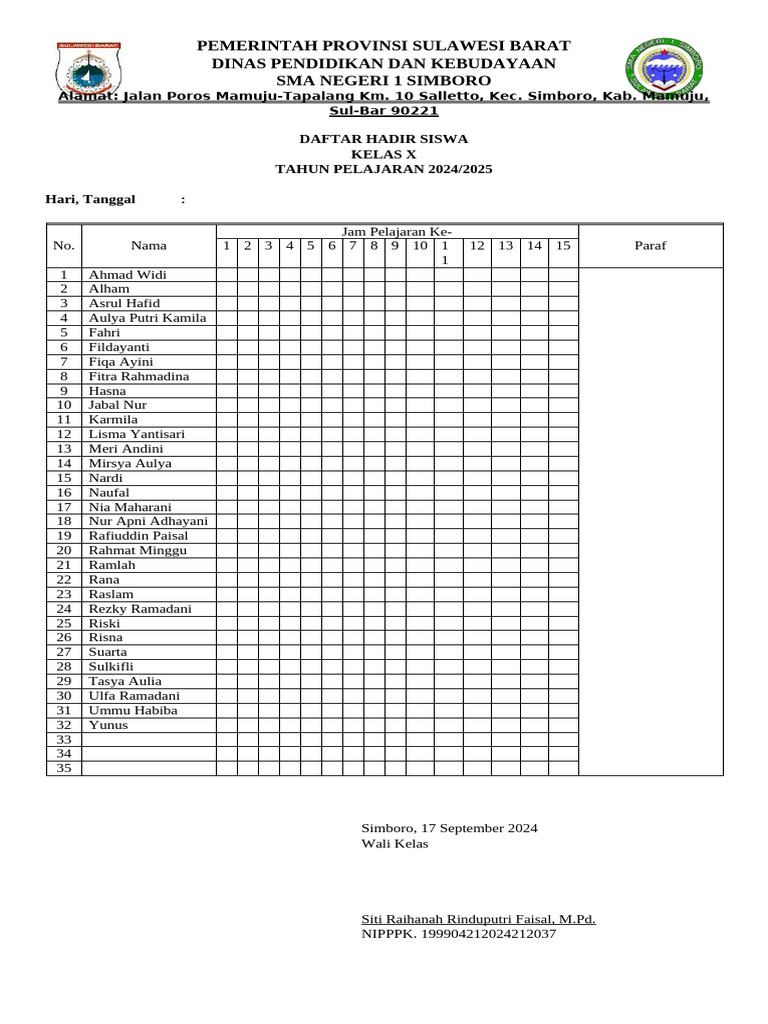 DAFTAR HADIR SISWA BARU TP. 2024-2025.docx 1 | PDF