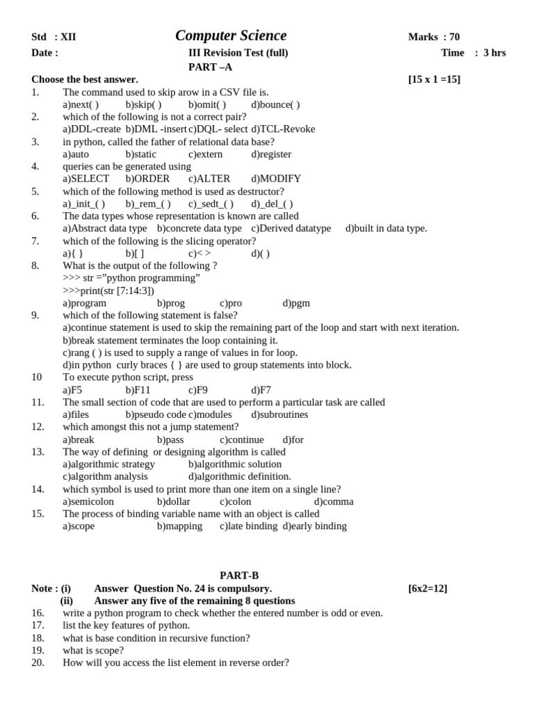 Computer Science Revision Test XII | PDF | Computer Program | Programming