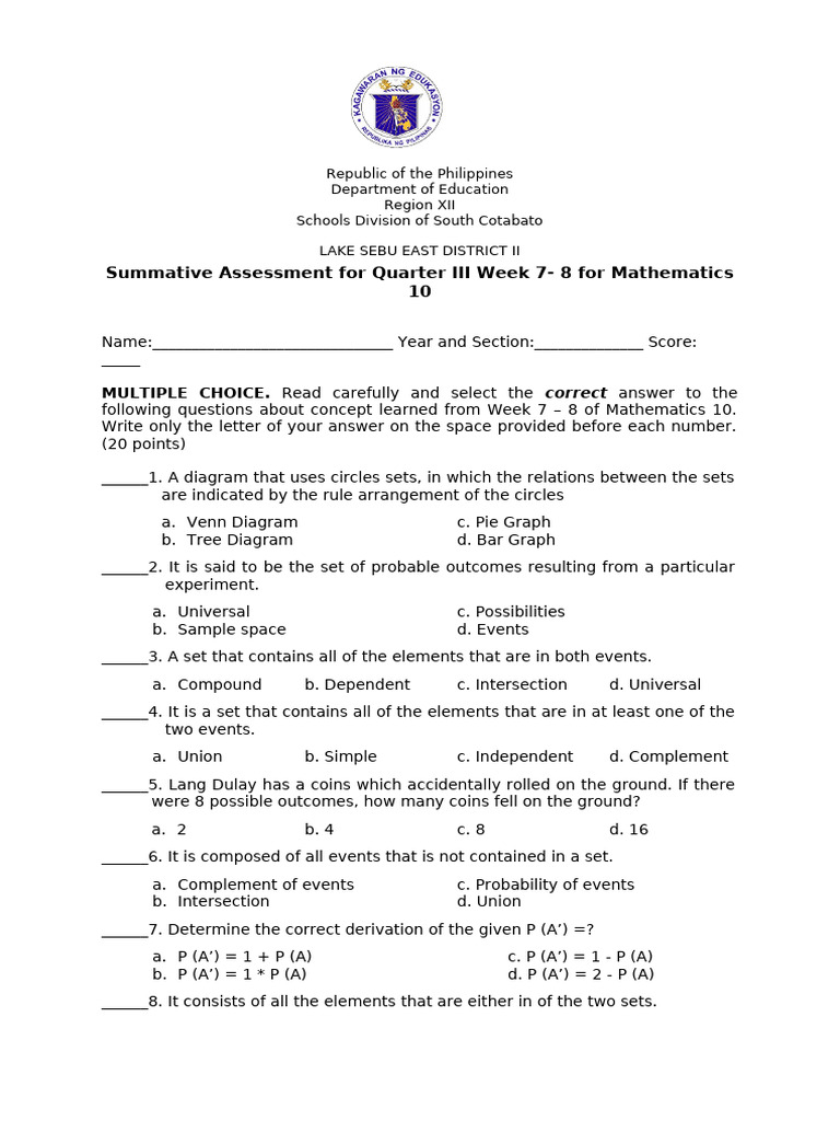 Mathematics 10 Q3 Week 7 - 8 Summative Assessment | PDF | Mathematics