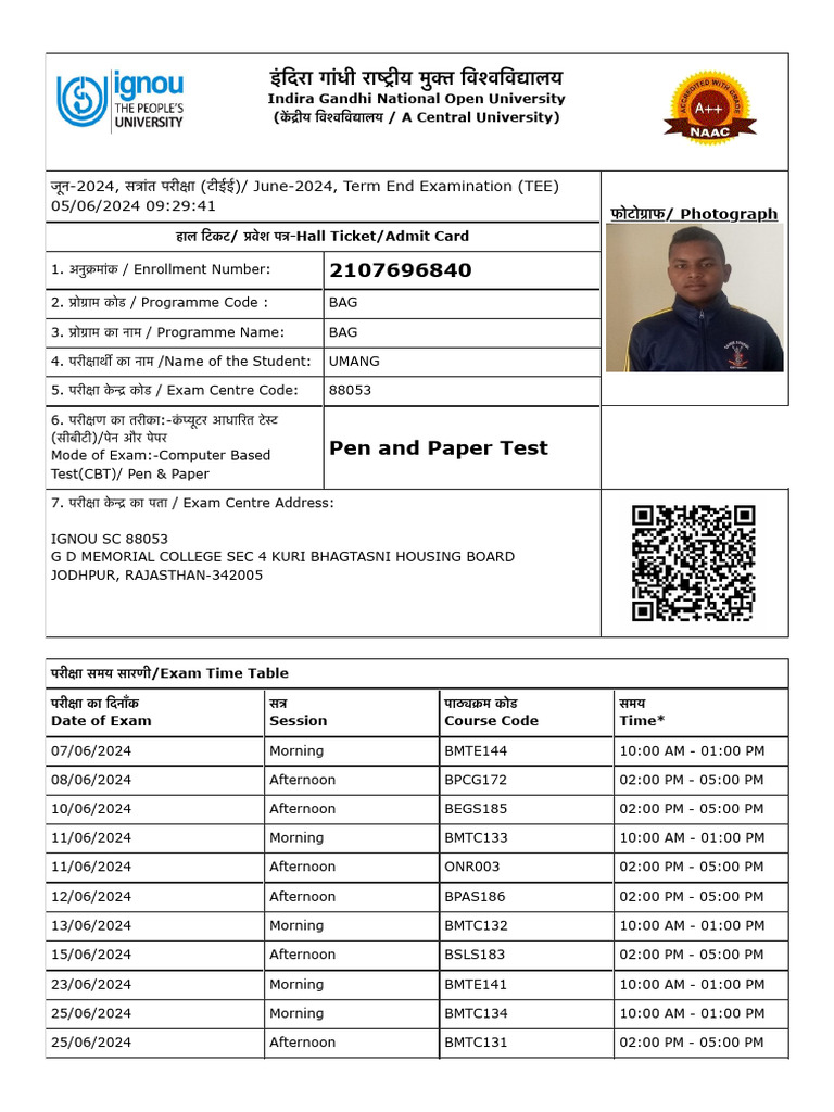 IGNOU June-2024: HALL TICKET/ADMIT CARD | PDF