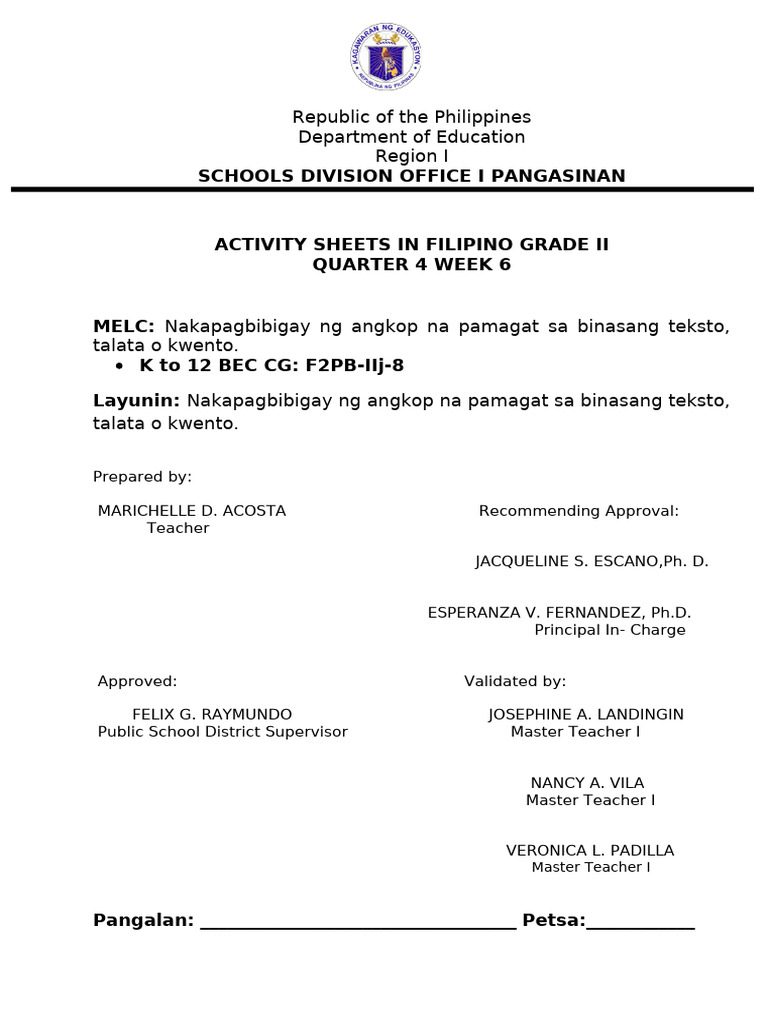 Activity Sheets Fil 4th QTR WK 6 | PDF