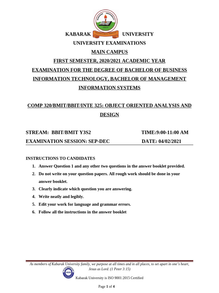 Kabarak University - COMP 320 BMIT BBIT INTE 325 OBJECT ORIENTED ANALYSIS AND DESIGN | PDF ...