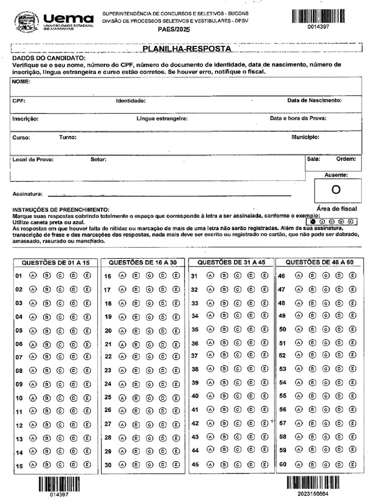 Gabarito PAES UEMA - Versão Oficial 2024 | PDF