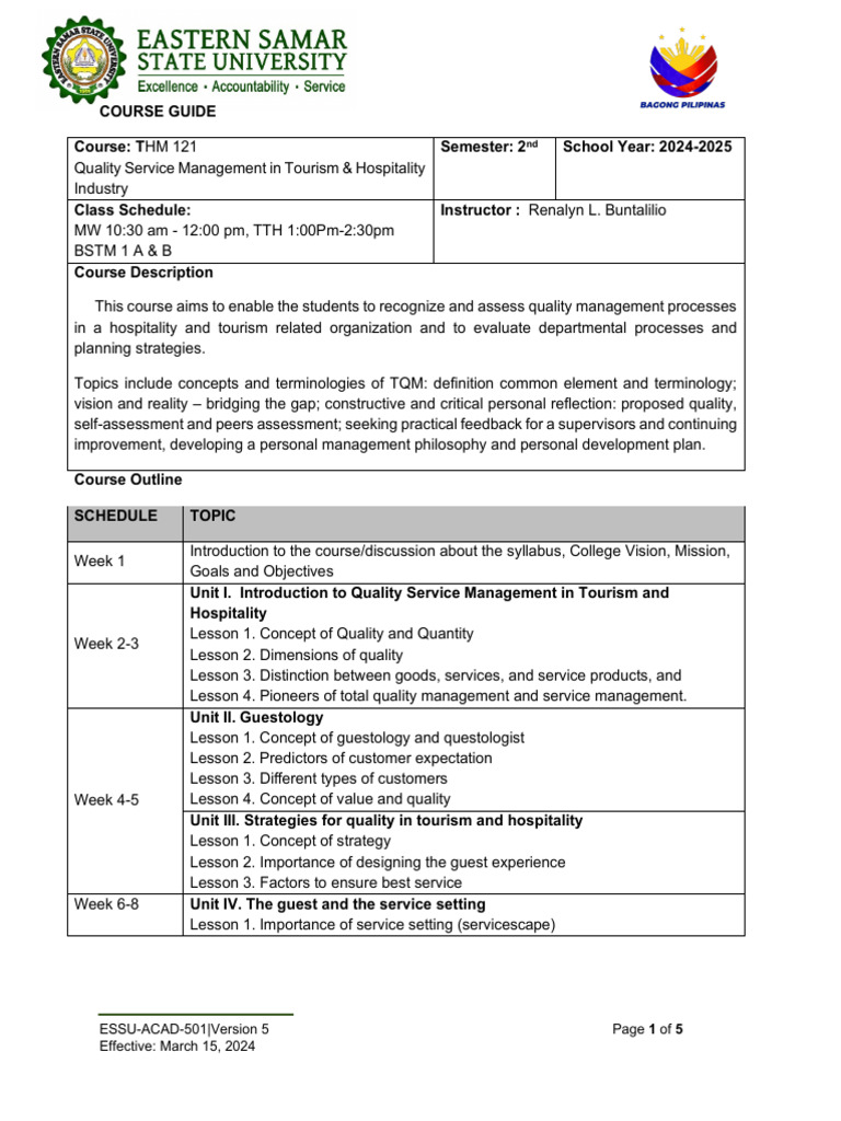 2024 2025 2nd Sem Course Guide Quality Service Management 3 | PDF ...
