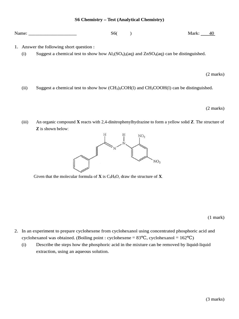 24-25 S6 Chemistry Test (Analytical Chem) | PDF | Titration | Chemistry