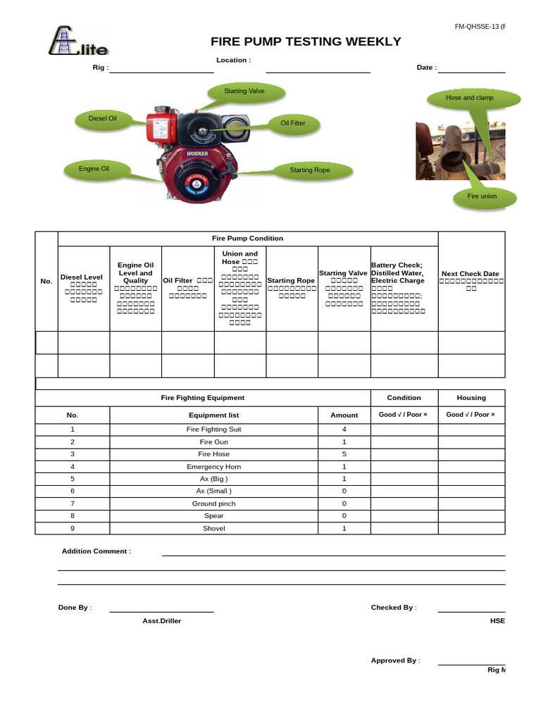 FM-QHSSE-13 - Fire Pump Testing Weekly - Rev.02 | PDF
