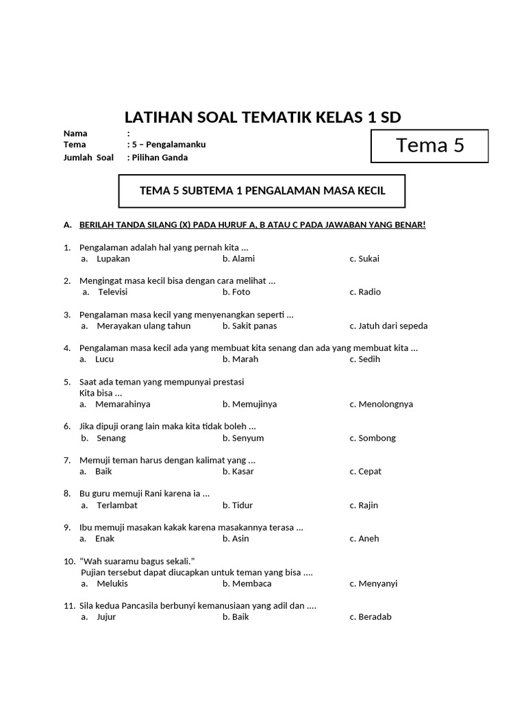 Soal Pilihan Ganda Kelas 1 SD Tema 5 Pengalamanku | PDF