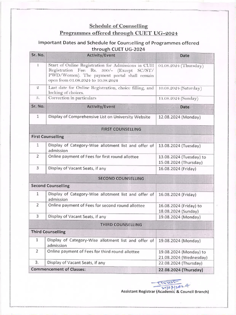 Schedule of Counselling UG-2024 | PDF