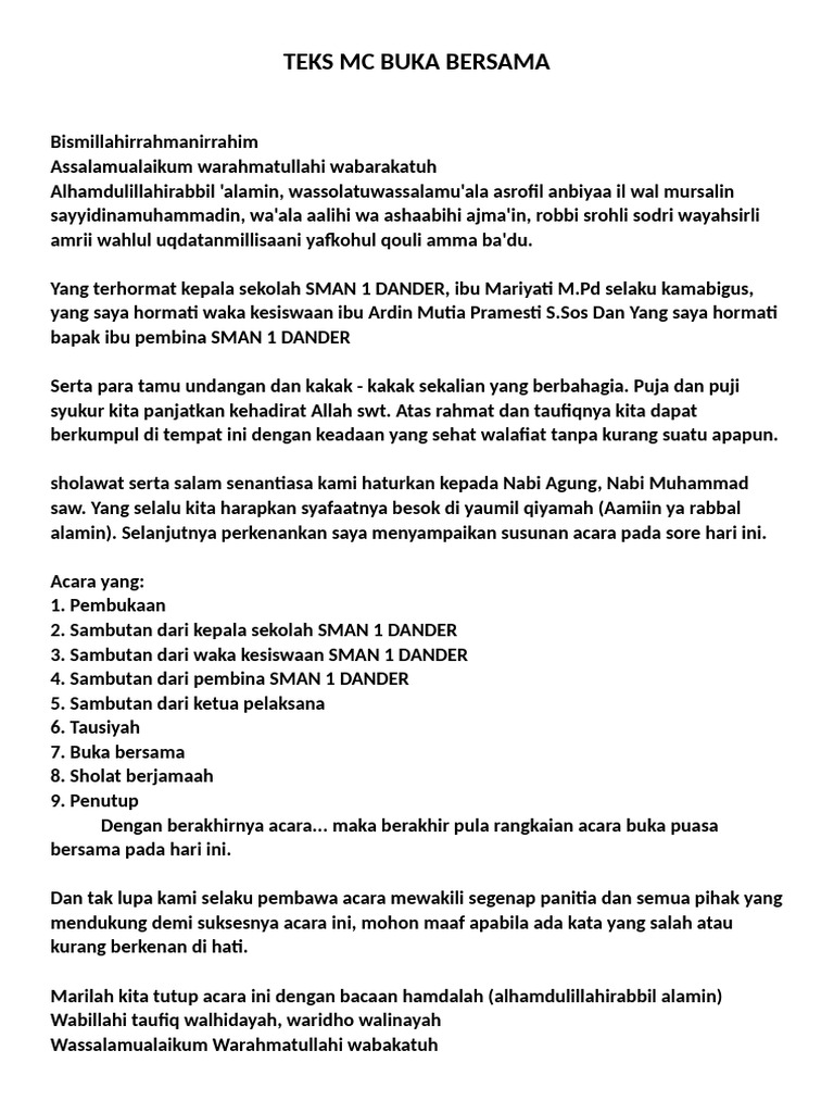 Teks MC Acara Buka Bersama SMAN 1 Dander | PDF