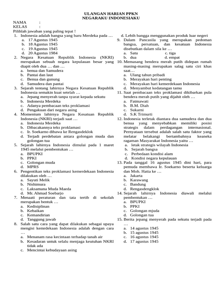 Ulangan Harian Ppkn Kelas 5 | PDF