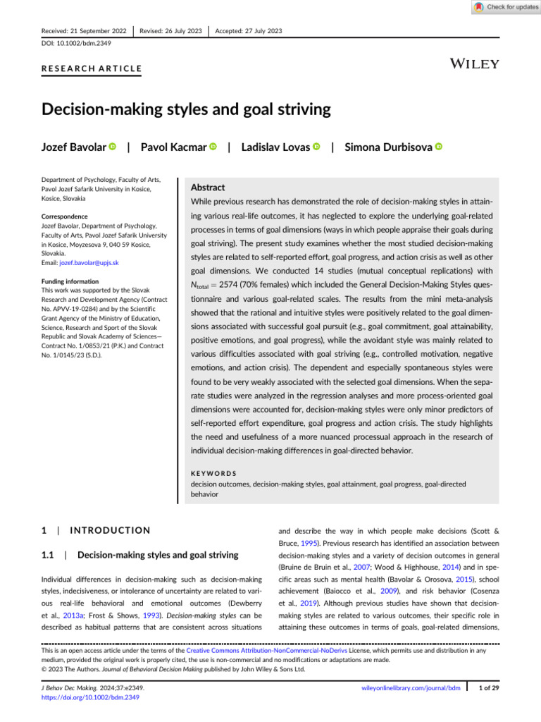 Behavioral Decision Making - 2023 - Bavolar - Decision‐making styles ...