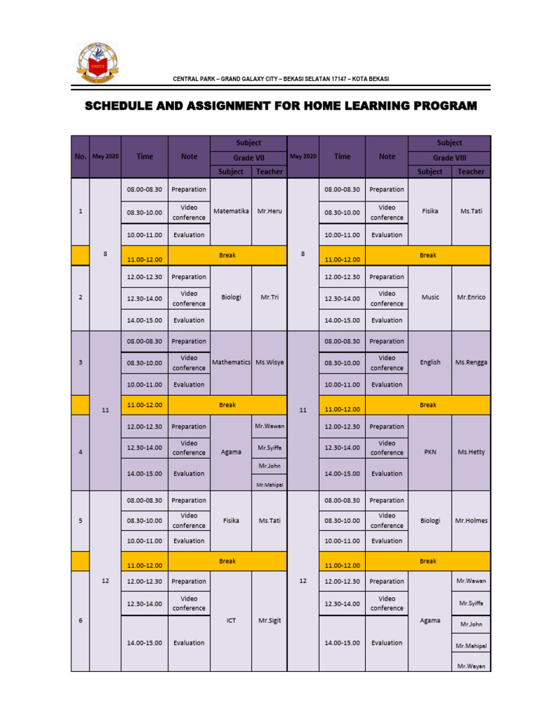 Home Learning Schedule May 2020 | PDF | Teaching