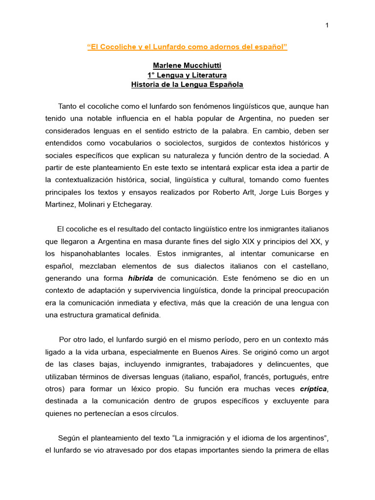 Cocoliche y Lunfardo en Argentina | PDF | Palabra | Lengua española