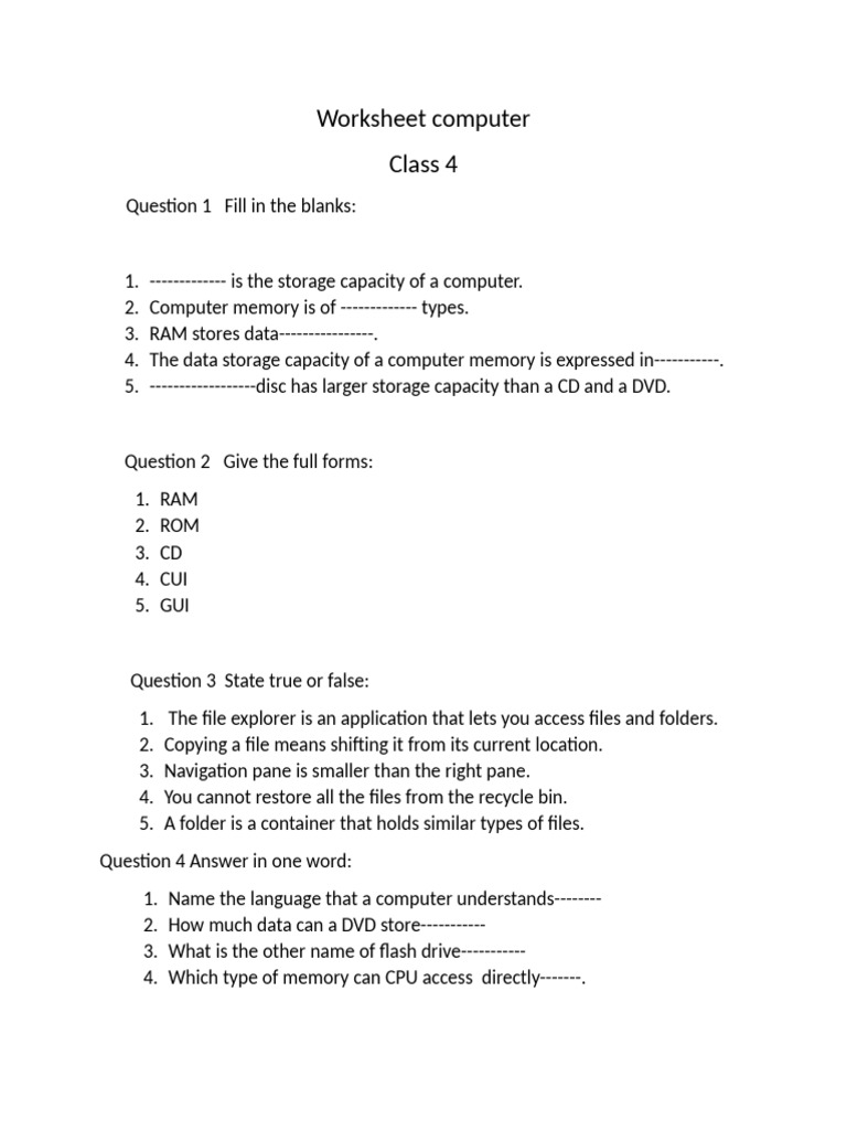 Class 4 Computer Worksheet Answers | PDF