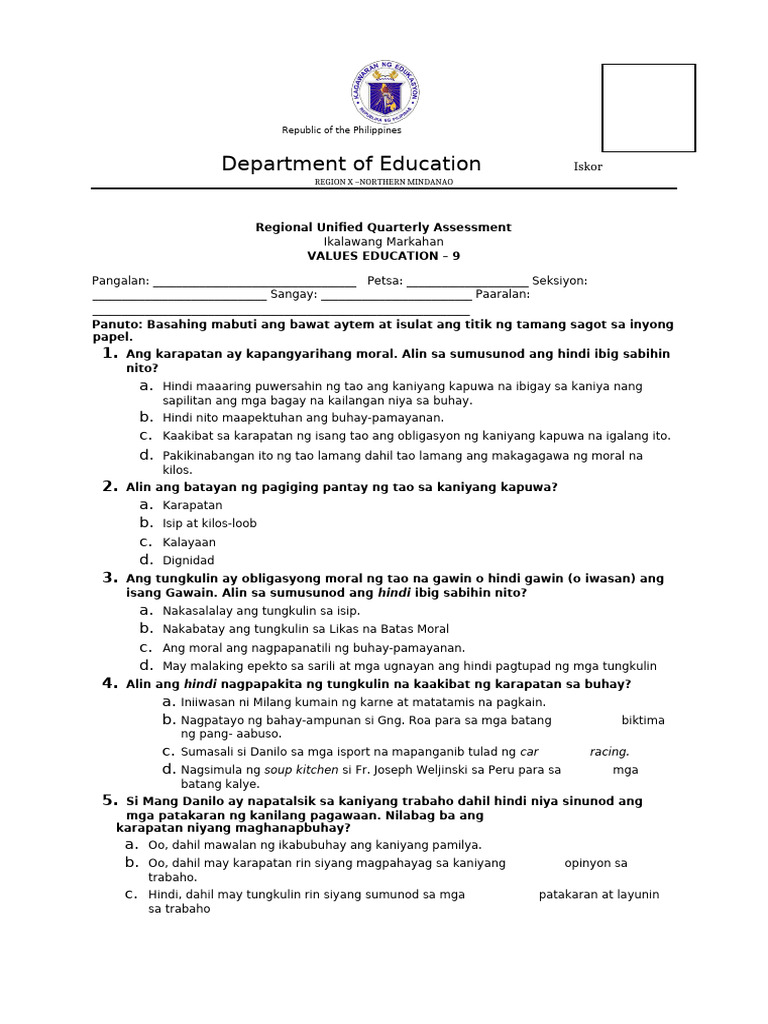 Grade 9 - Values Education 2Q RUQA FINAL QUESTIONS | PDF