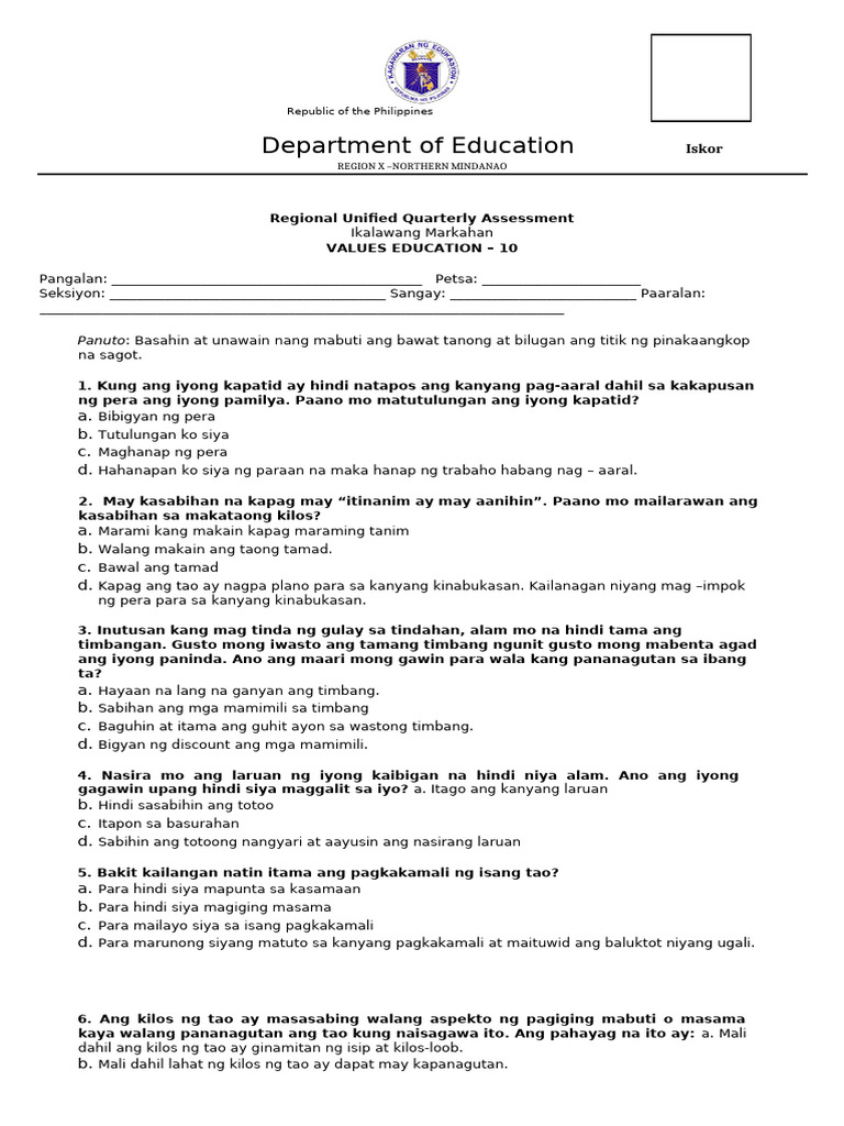 Grade 10 - Values Education 2Q RUQA FINAL QUESTIONS | PDF