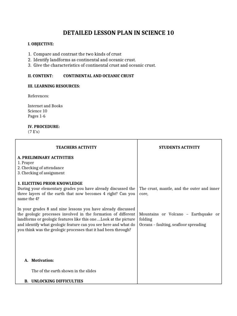 Science 10 Lesson Plan: Earth's Crust Types | PDF | Volcano | Crust ...