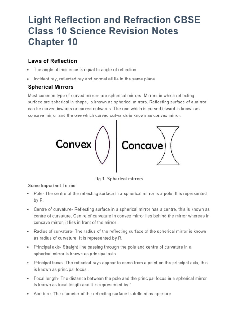 Light Reflection And Refraction Cbse Class 10 Science Revision Notes