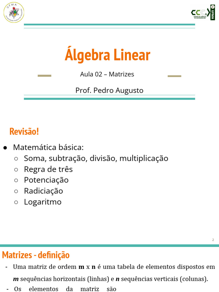 Lgebra Linear - Aula 02 - Matriz | PDF | Matriz (Matemática) | Determinante