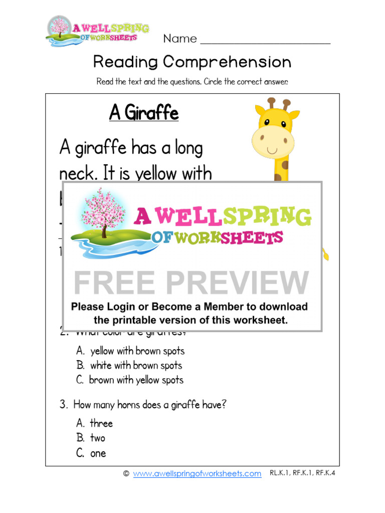 kindergarten-reading-comprehension-a-giraffe-free | PDF