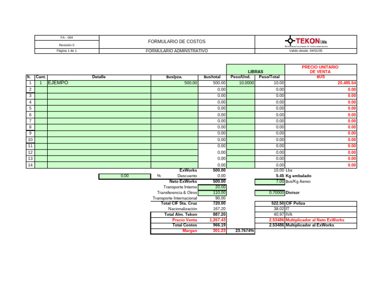 FA - 004 Formulario de Costos | PDF