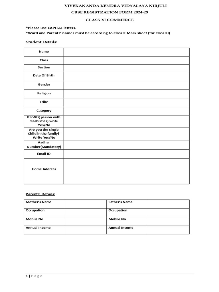 Cbse Registration Form Xi Com 2024-25 | PDF