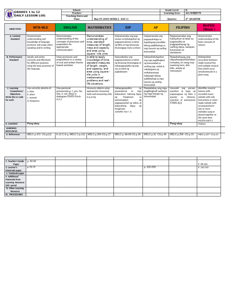 DLL - All Subjects 2 - Q4 - W5 | PDF