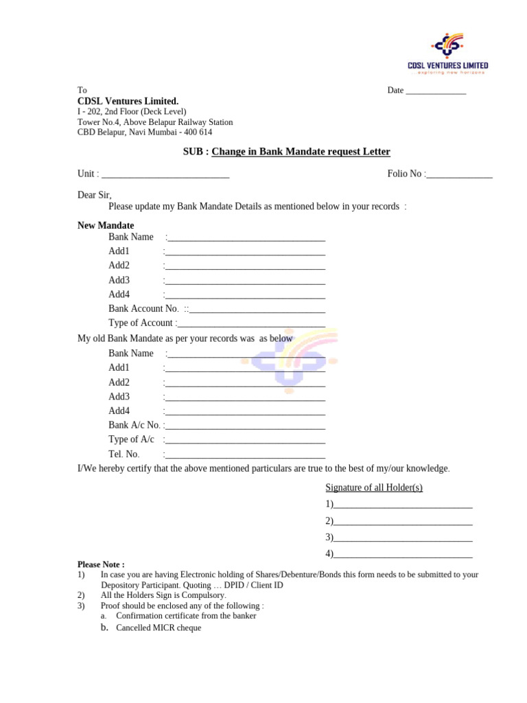 Bank Mandate Change Request Form | PDF