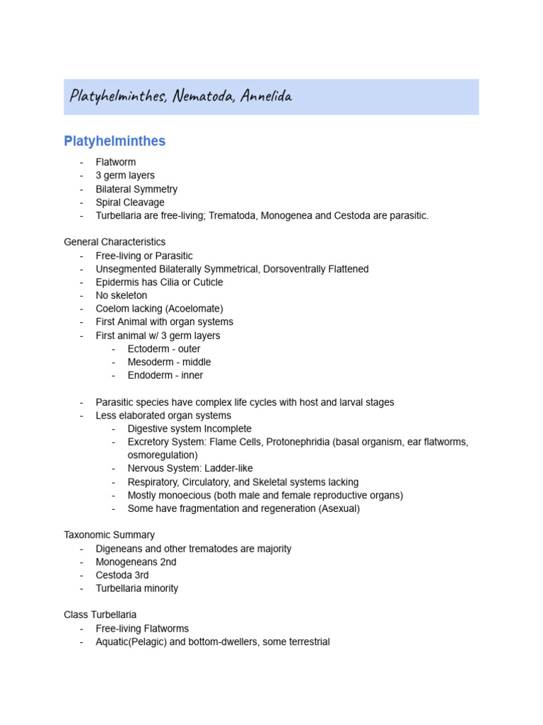 Platyhelminthes, Nematoda, Annelida | PDF | Nematode | Biology
