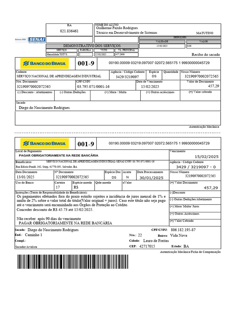 Recibo Do Sacado: Técnico em Desenvolvimento de Sistemas Guilherme ...