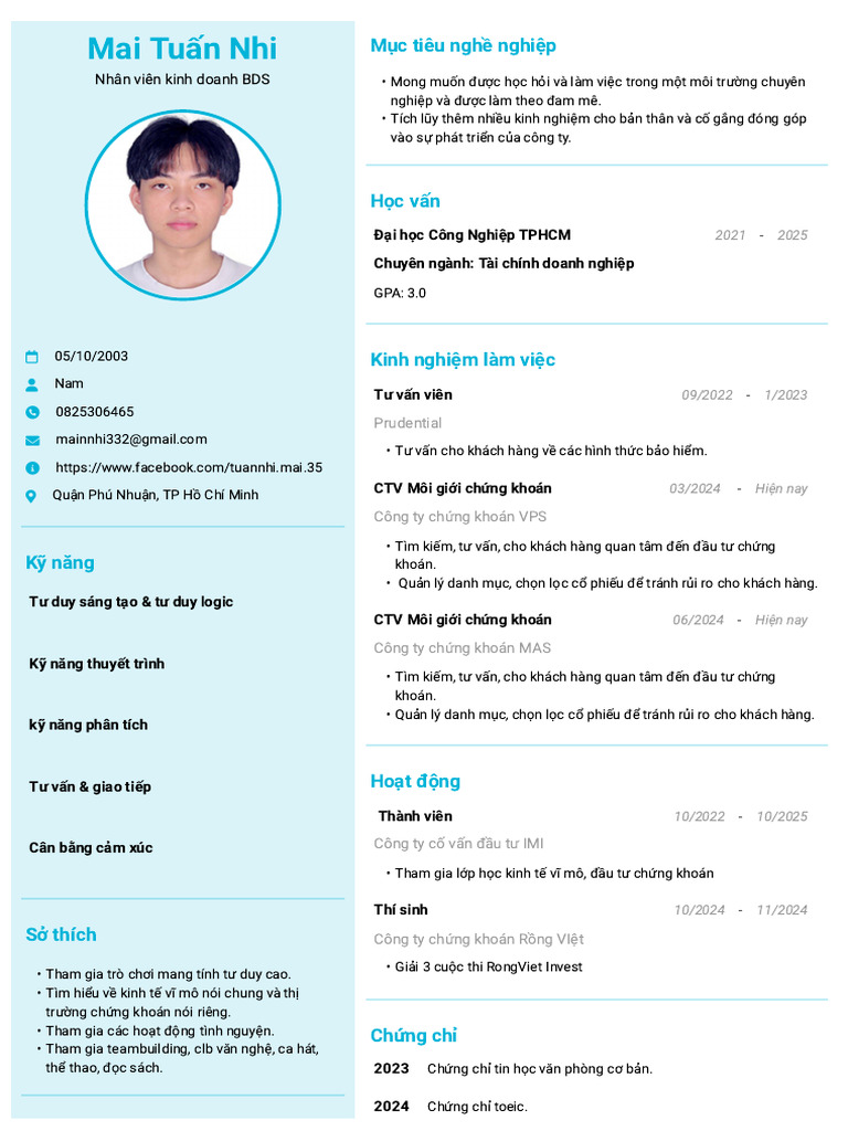 CV Mai Tuấn Nhi - Nhân viên kinh doanh bds | PDF