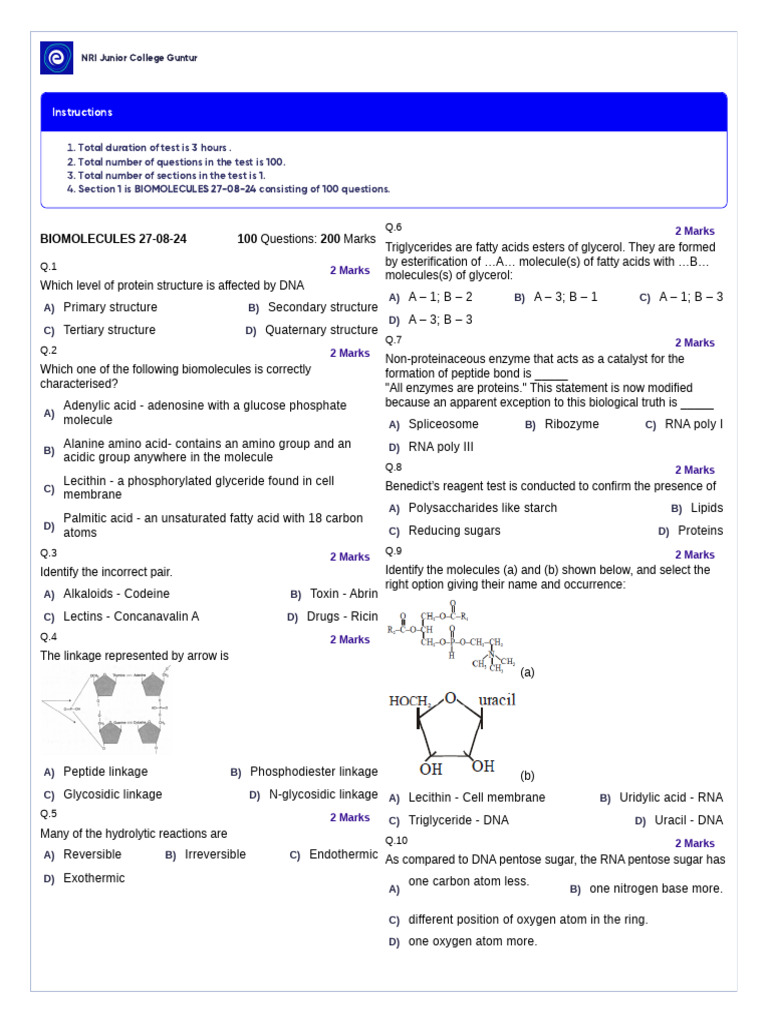 NRI Junior College Biomolecules Test Guide | PDF | Enzyme | Biomolecules