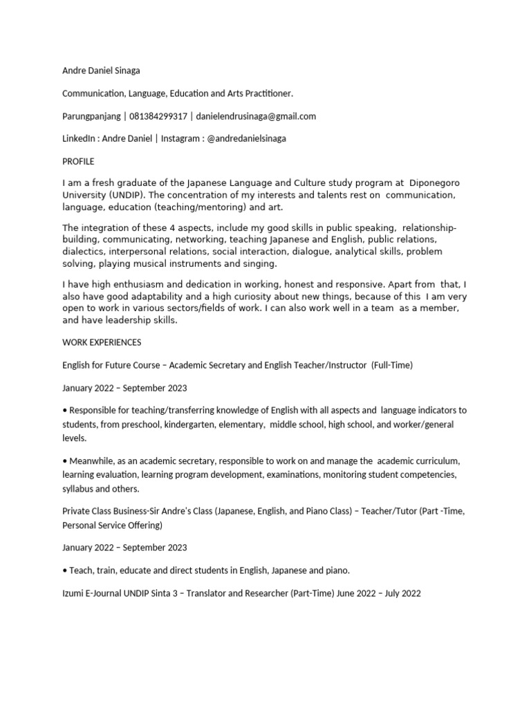 Andre Daniel Sinaga: Language & Arts Expert | PDF | Teachers | Schools