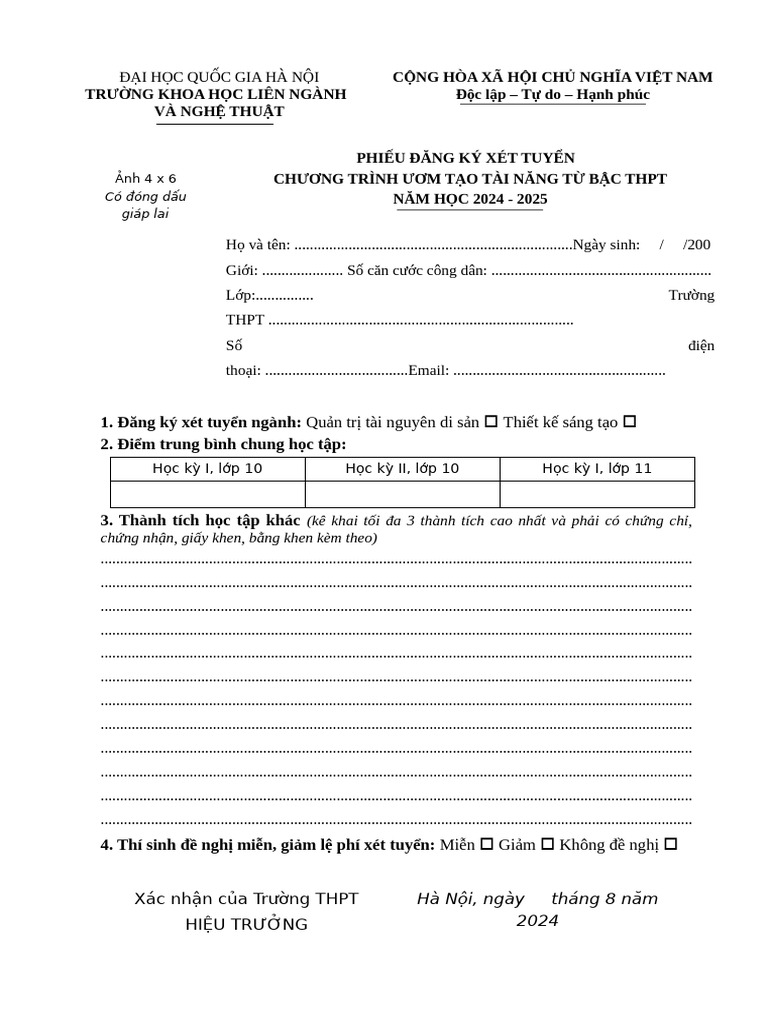 Phieu Dang Ky Xet Tuyen VNU12plus 2 | PDF