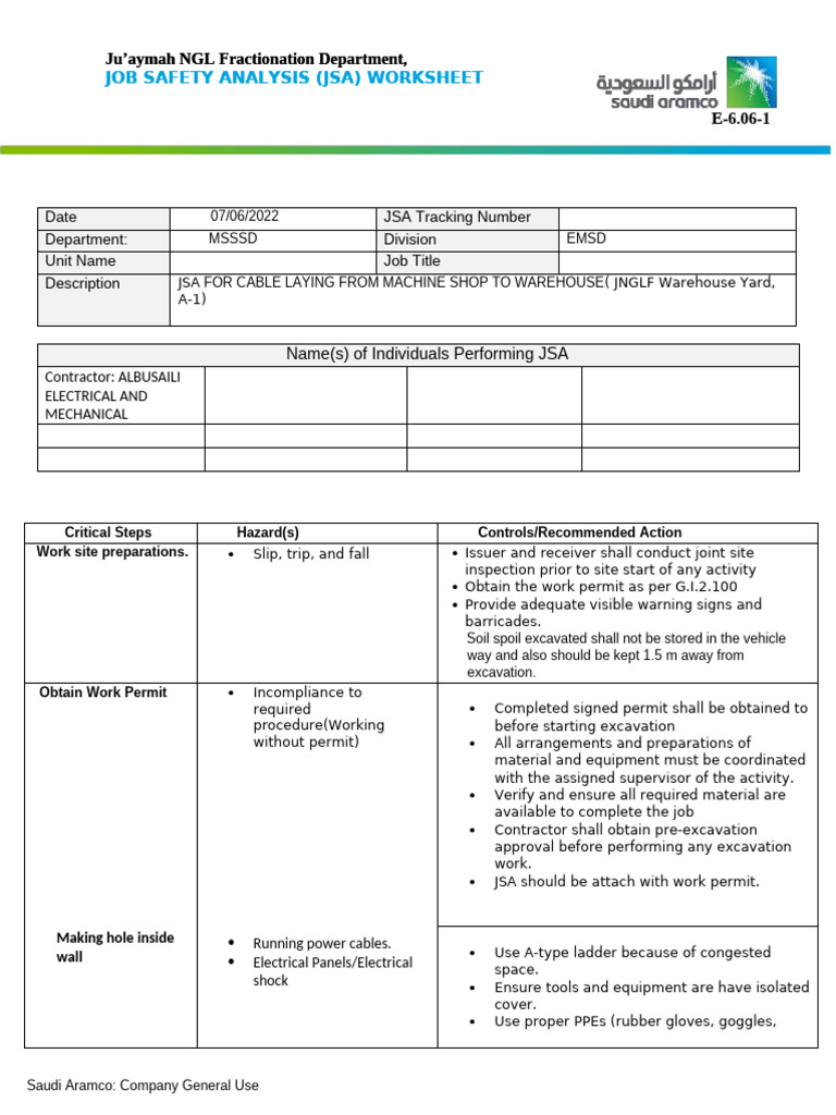 JSA for Cable Laying Operations | PDF | Pipe (Fluid Conveyance ...