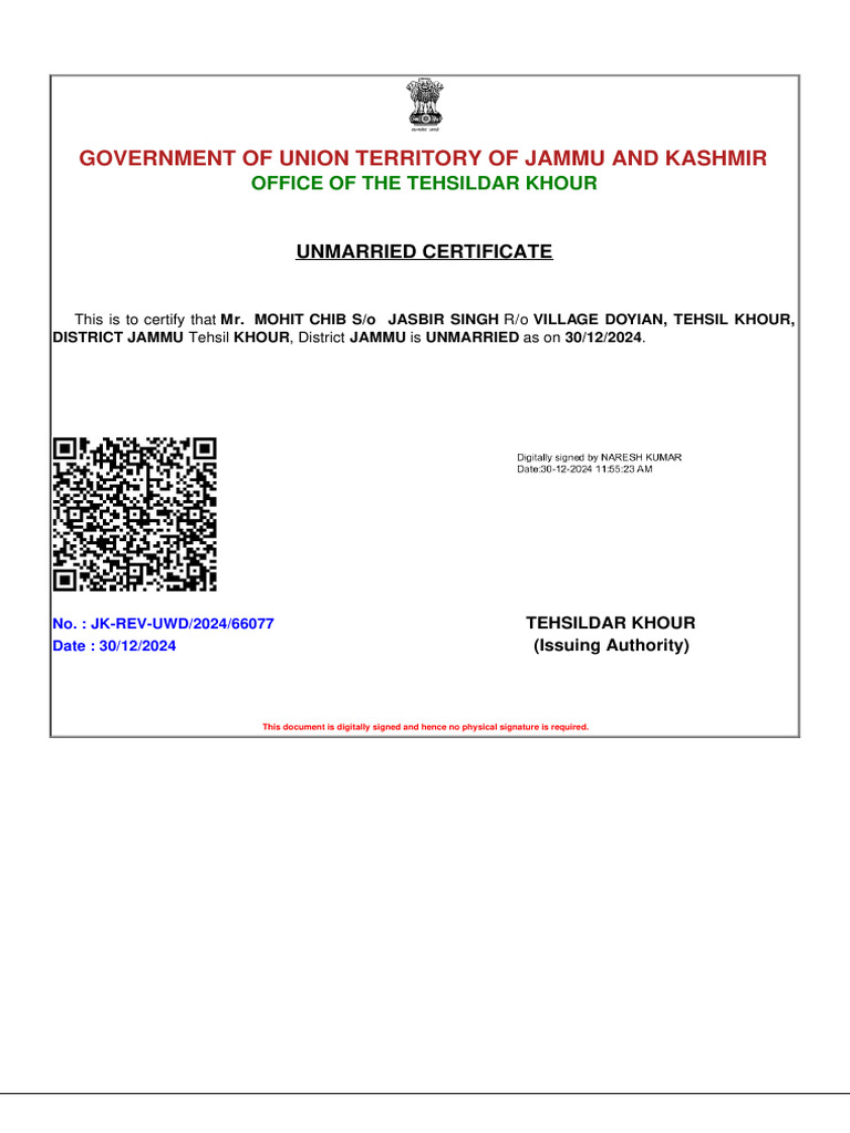 Unmarried Certificate for Mohit Chib | PDF