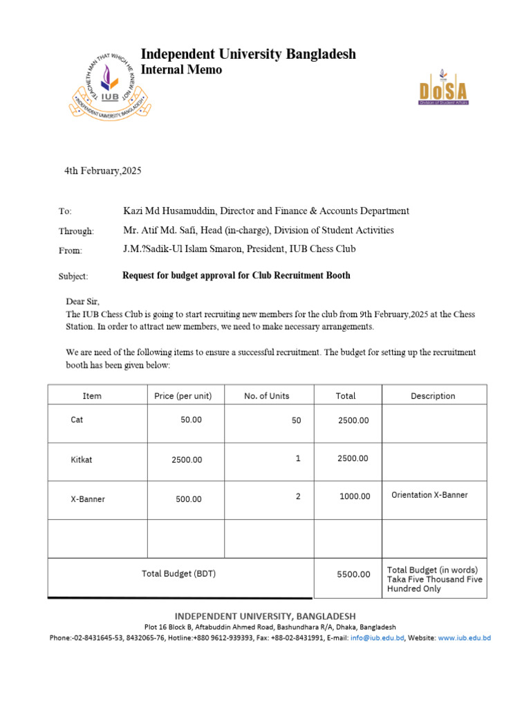 IUB Chess Club Recruitment Budget Request | PDF