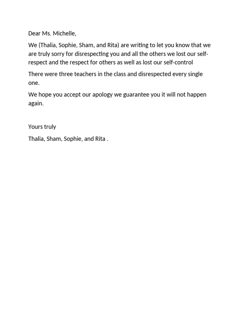 Apology Letter from Students to Teacher | PDF