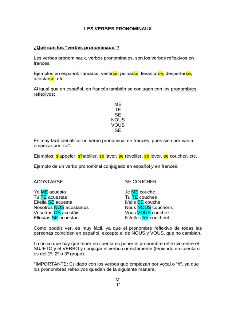 Introducción a los verbos pronominales | PDF | Pronombre | Verbo