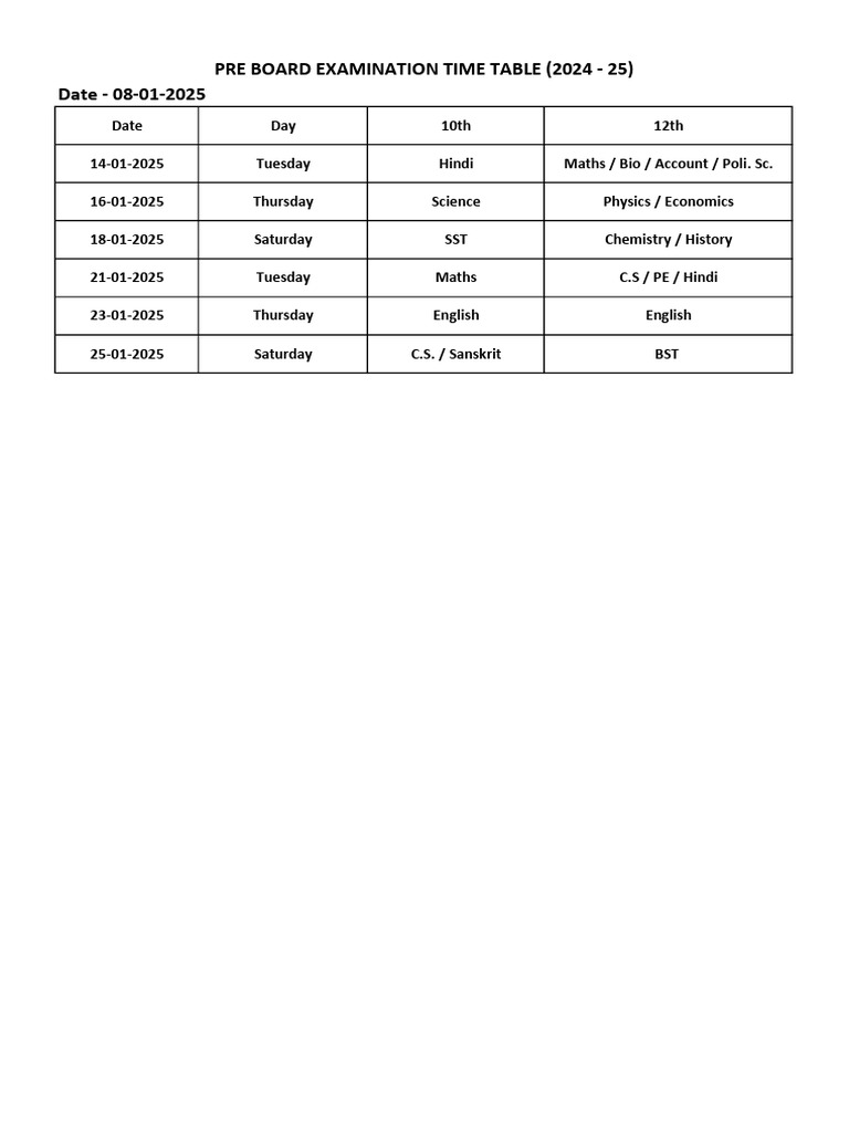 Pre Board Exam Time Table 2024-25 | PDF