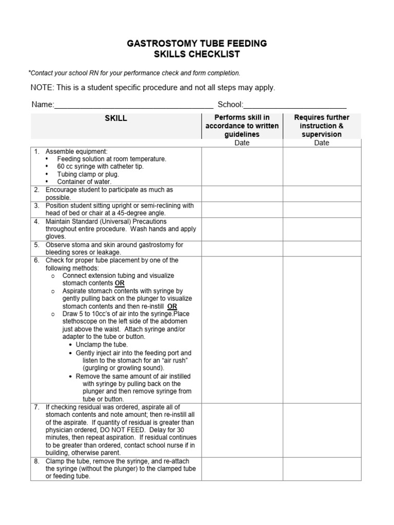 Gastrostomy Tube Feeding Skills Checklist | PDF | Clinical Medicine