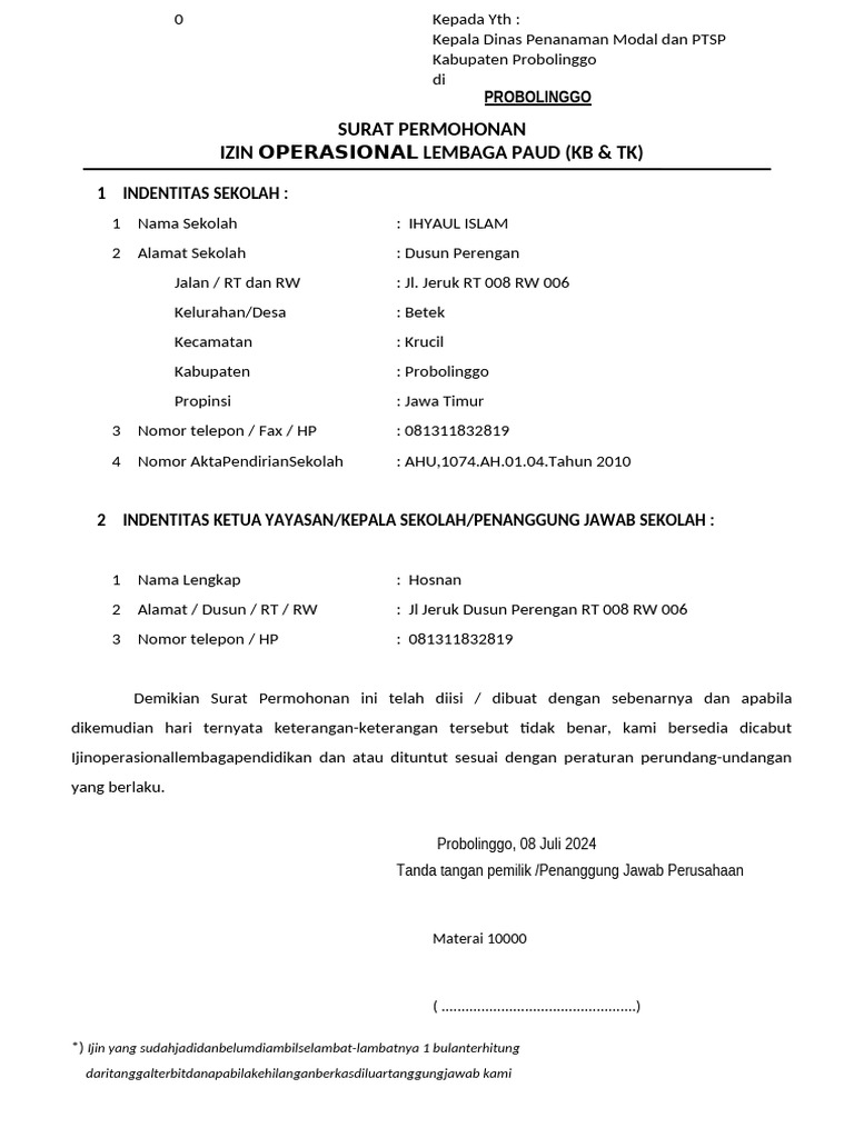 Form Ijin Operasional Paud (TK & KB) | PDF
