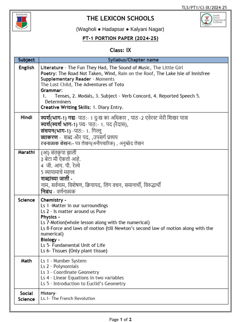 01 TLS IX PT 1-Portion Paper 2024-25 | PDF | Mathematics