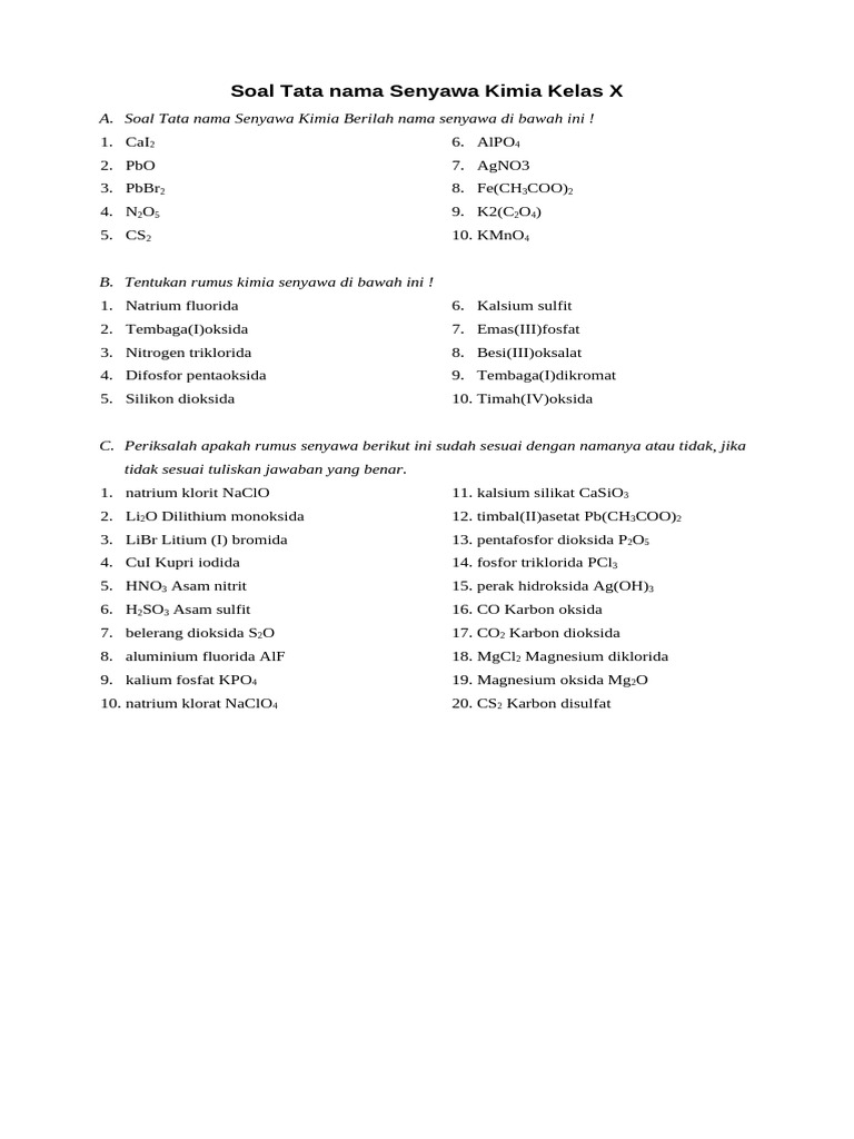 Soal Tata Nama Senyawa Kimia Kelas X | PDF