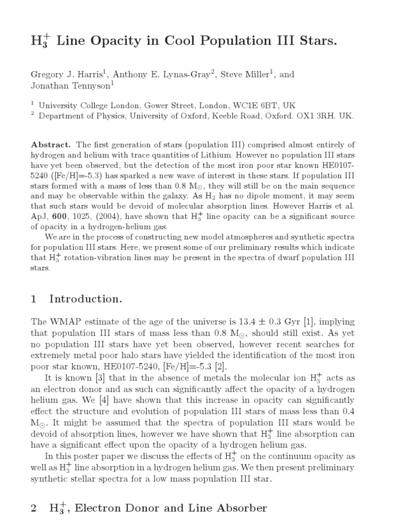 Gregory J. Harris Et Al - H3 + Line Opacity in Cool Population III ...
