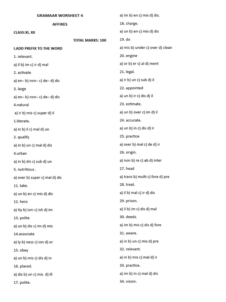Grammar Worksheet 4-Affixes | PDF | Linguistic Morphology | Linguistic ...