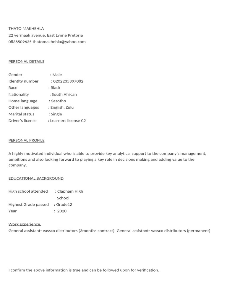 Thato Makhehla Curriculum Vitae | PDF