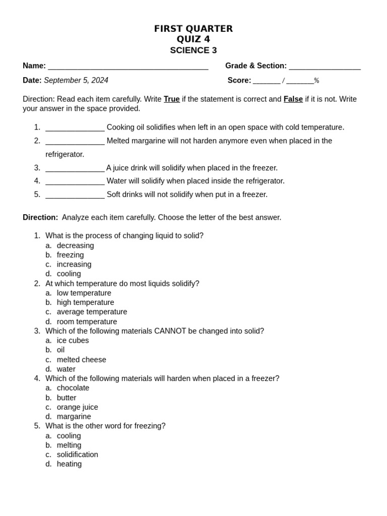 Science Quiz for Grade 3 Students | PDF